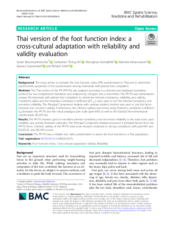 Pdf Thai Version Of The Foot Function Index A Cross Cultural Adaptation With Reliability And