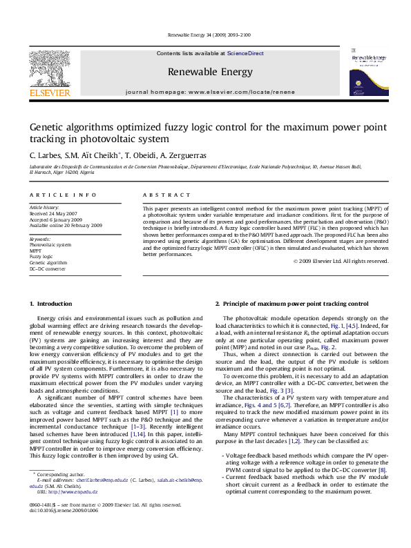 Pdf Genetic Algorithms Optimized Fuzzy Logic Control For The Maximum Power Point Tracking In