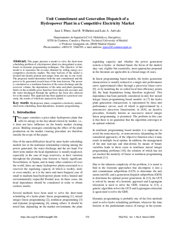 (PDF) Unit commitment and generation dispatch of a hydropower plant in a competitive electricity ...