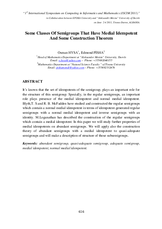 (PDF) Some Classes Of Semigroups That Have Medial Idempotent And Some Construction Theorem