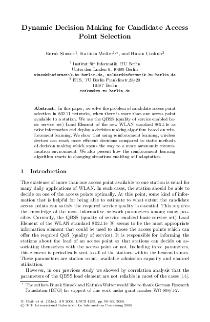 Pdf Dynamic Decision Making For Candidate Access Point Selection Burak Simsek