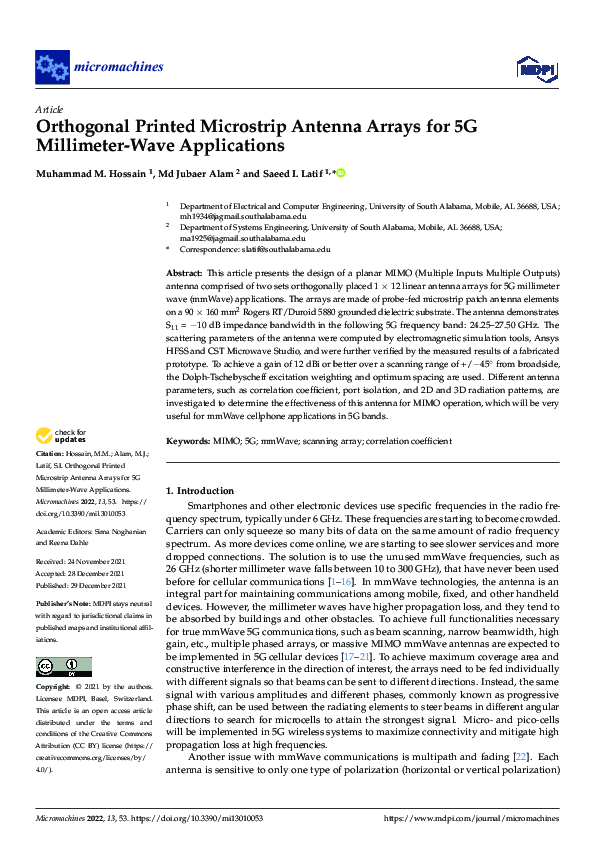(PDF) Orthogonal Printed Microstrip Antenna Arrays for 5G Millimeter-Wave Applications
