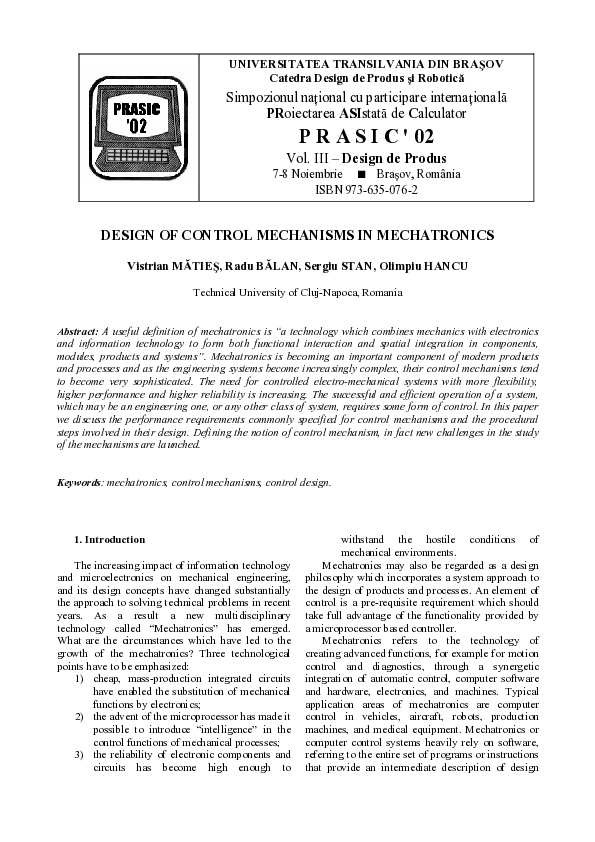 (PDF) Design of Control Mechanisms in Mechatronics