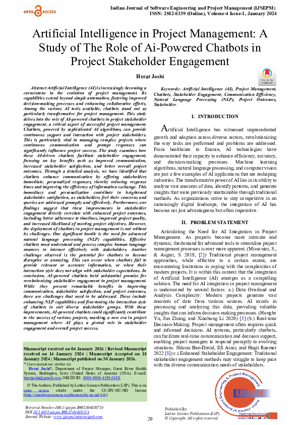 (PDF) Artificial Intelligence in Project Management: A Study of The Role of Ai-Powered Chatbots ...