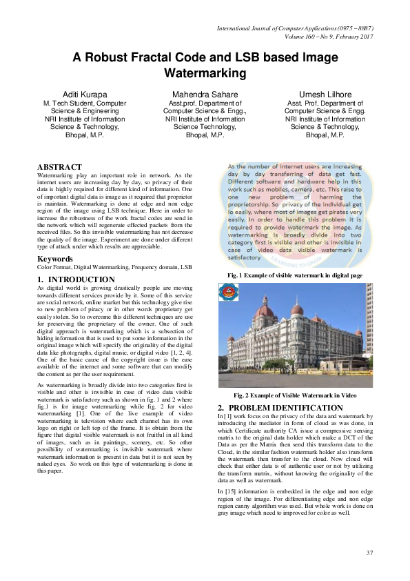 (PDF) A Robust Fractal Code and LSB based Image Watermarking