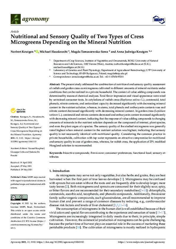 (PDF) Nutritional and Sensory Quality of Two Types of Cress Microgreens Depending on the Mineral ...