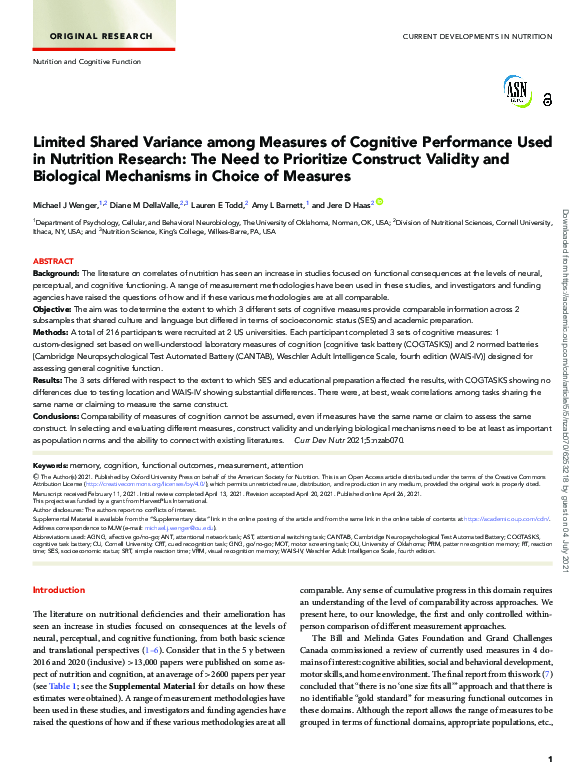 (PDF) Limited Shared Variance among Measures of Cognitive Performance Used in Nutrition Research ...