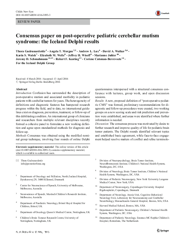 (PDF) Consensus paper on post-operative pediatric cerebellar mutism ...