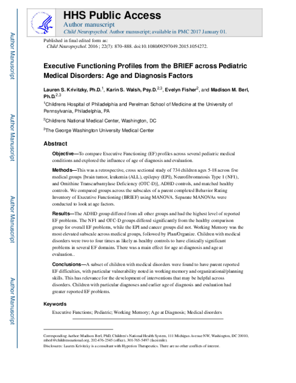 (PDF) Executive functioning profiles from the BRIEF across pediatric ...