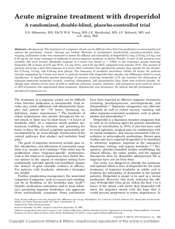 (PDF) Acute migraine treatment with droperidol: A randomized, double ...