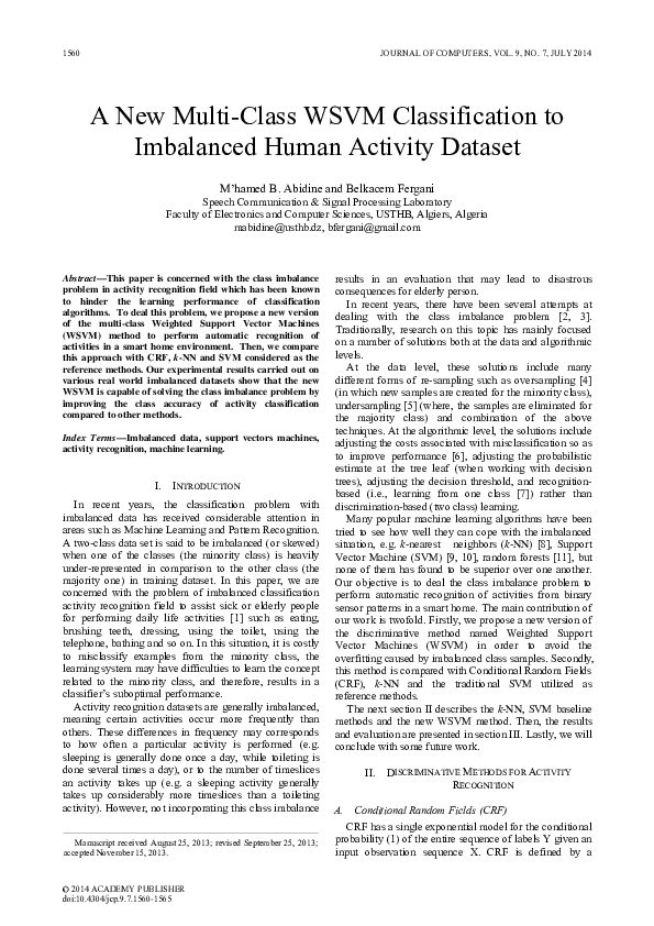 (PDF) A New Multi-Class WSVM Classification to Imbalanced Human Activity Dataset | Belkacem ...