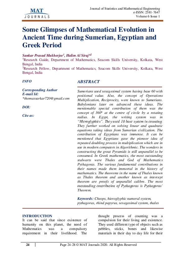 (PDF) Some Glimpses of Mathematical Evolution in Ancient Time during ...
