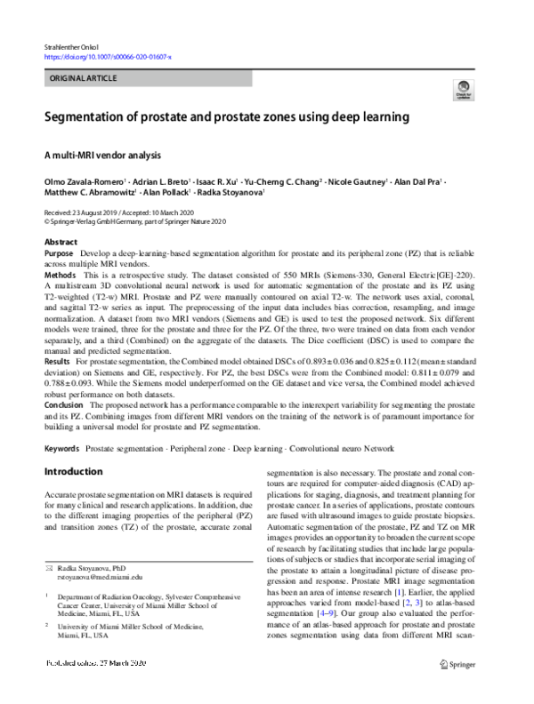 (PDF) Segmentation of prostate and prostate zones using deep learning