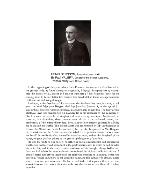 (PDF) Paul Valery Funeral Address to Henri Bergson