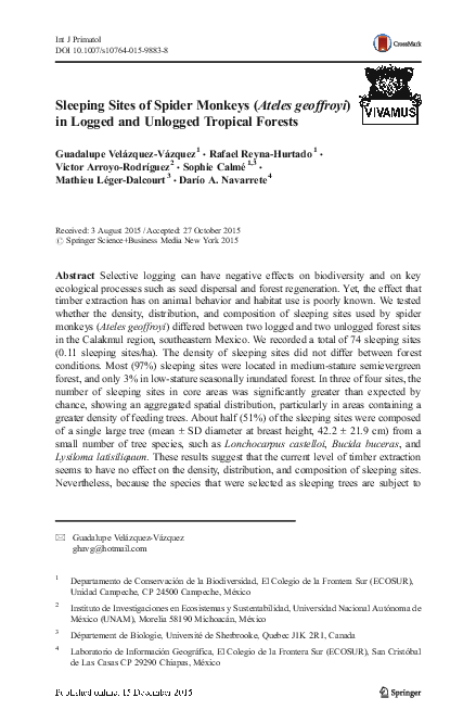 (PDF) Sleeping Sites of Spider Monkeys (Ateles geoffroyi) in Logged and ...