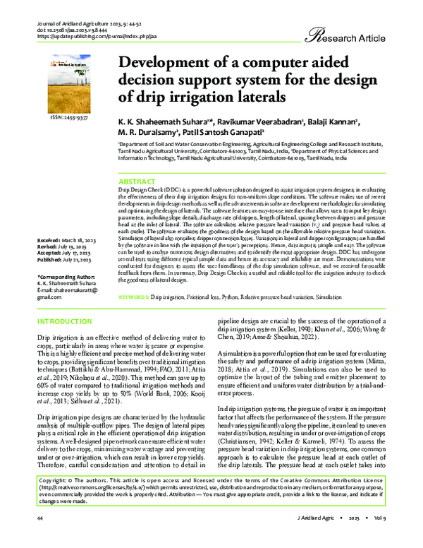 (PDF) Development of a computer aided decision support system for the design of drip irrigation ...