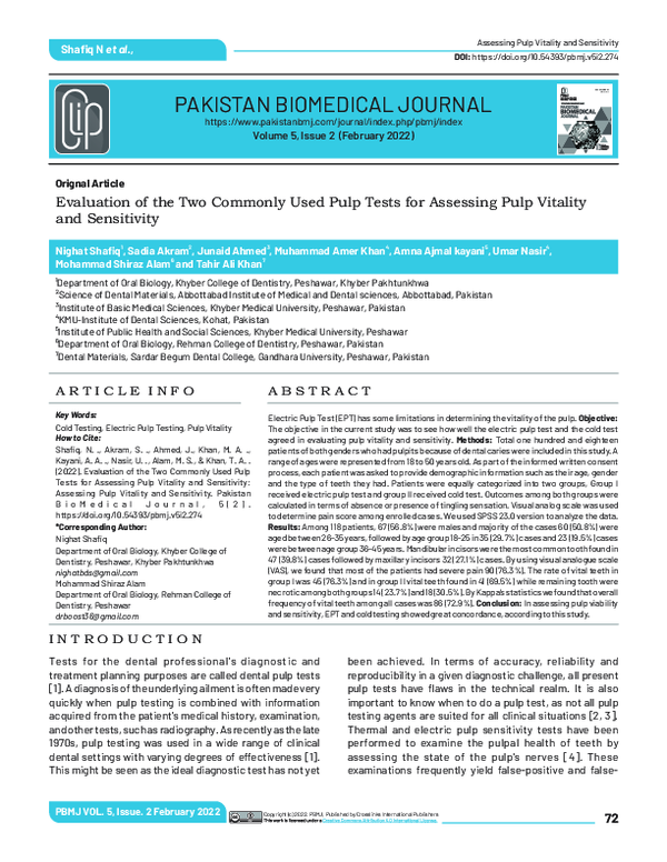 (PDF) Evaluation of Efficiency of the Two Commonly Used Pulp Test For ...