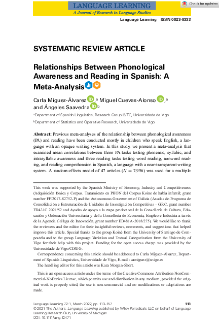 (PDF) Relationships Between Phonological Awareness and Reading in Spanish: A Meta-Analysis