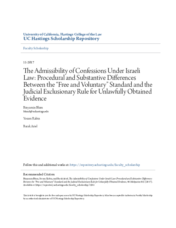 (PDF) The Admissibility of Confessions Under Israeli Law: Procedural ...