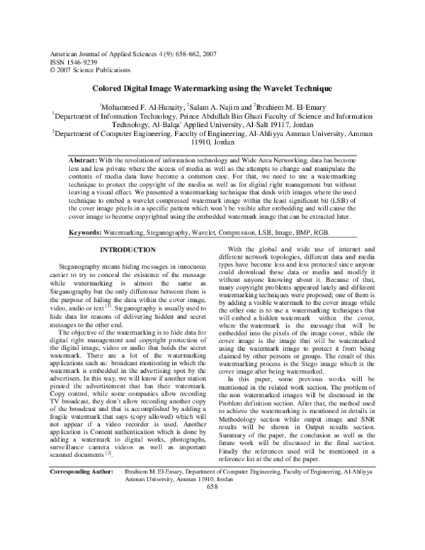 (PDF) Colored Digital Image Watermarking using the Wavelet Technique