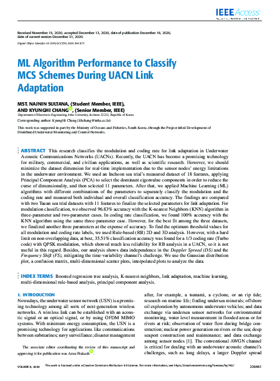 Pdf Ml Algorithm Performance To Classify Mcs Schemes During Uacn Link Adaptation Kyunghi
