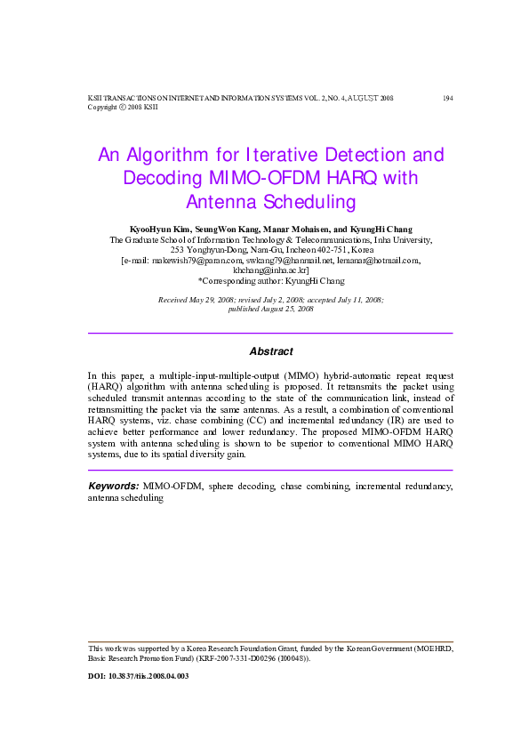 (PDF) An Algorithm for Iterative Detection and Decoding MIMO-OFDM HARQ with Antenna Scheduling