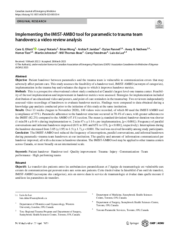 (PDF) Implementing the IMIST-AMBO tool for paramedic to trauma team ...