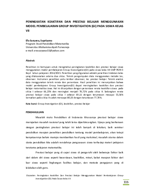 (PDF) Model Pembelajaran Group Investigation (Gi) Pada Siswa Kelas VII
