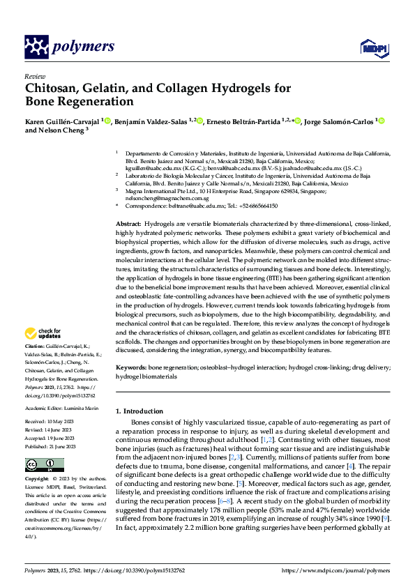 (PDF) Chitosan, Gelatin, and Collagen Hydrogels for Bone Regeneration