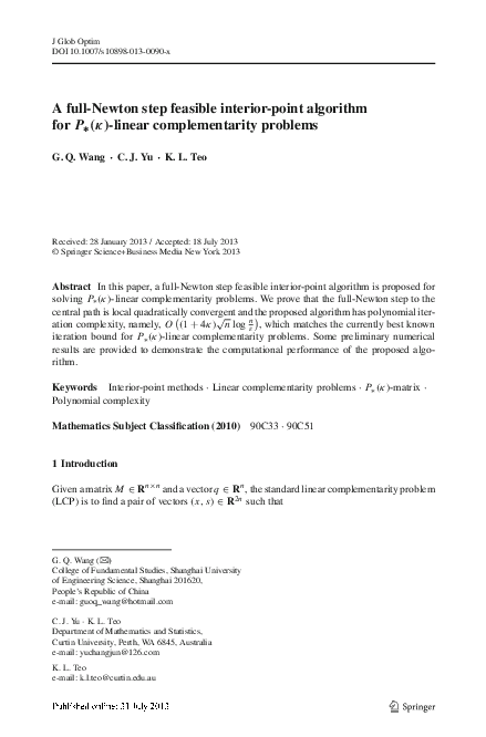 Pdf A Full Newton Step Feasible Interior Point Algorithm For Monotone Horizontal Linear