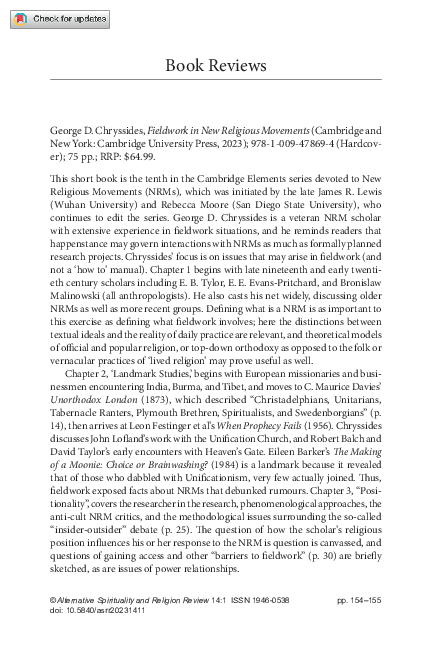 (PDF) Review of George D. Chryssides, Fieldwork in New Religious Movements