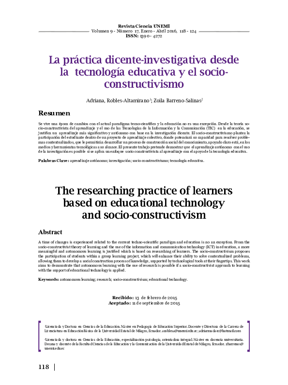 (PDF) La práctica dicente-investigativa desde la tecnología educativa y el socioconstructivismo