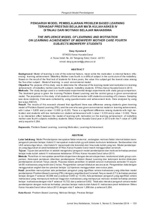 (PDF) Pengaruh Model Pembelajaran Problem Based Learning Terhadap Prestasi Belajar Mata Kuliah ...