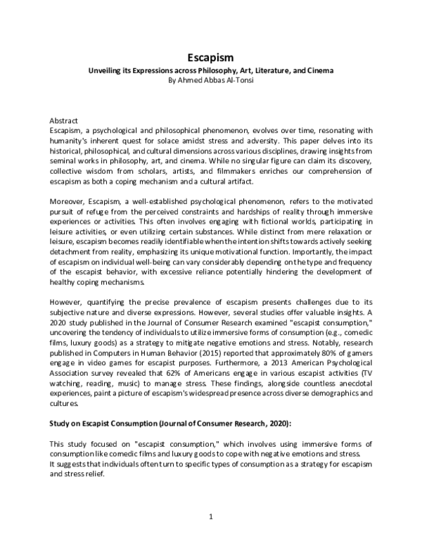 (PDF) Escapism: Unveiling its Expressions across Philosophy, Art ...