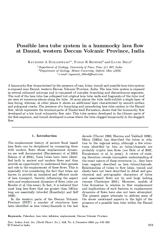 (PDF) Possible lava tube system in a hummocky lava flow at Daund ...