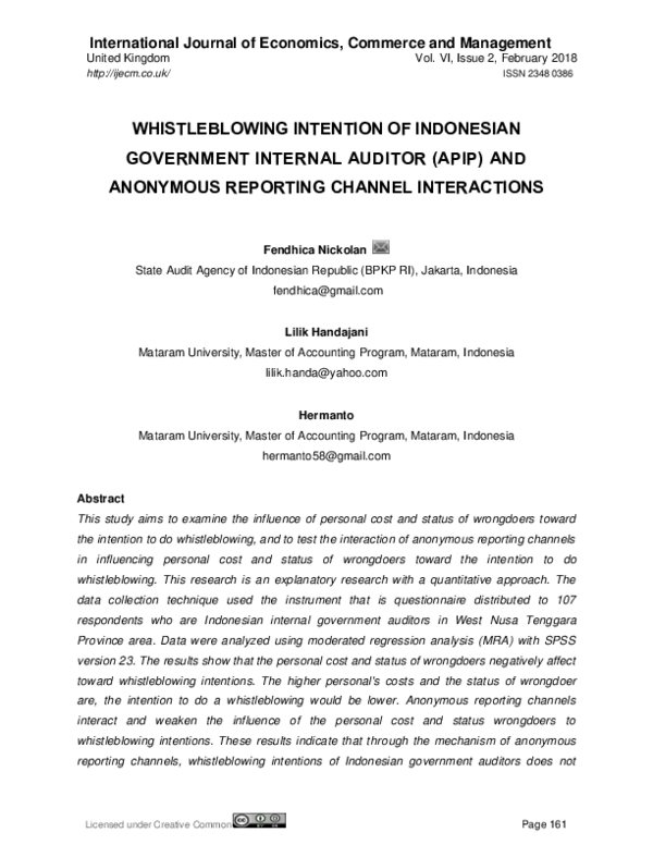 (PDF) Whistleblowing Intention of Indonesian Government Internal ...