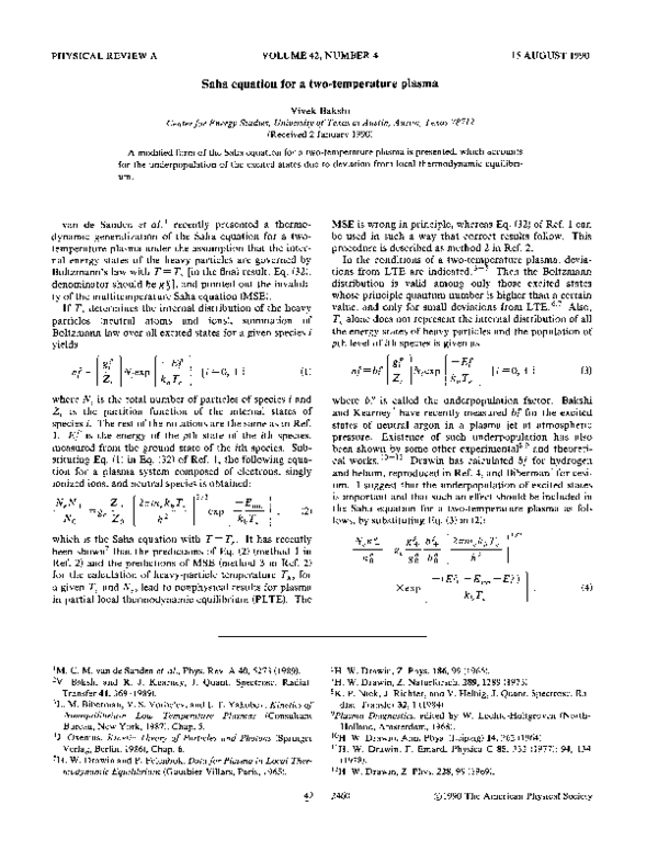 (PDF) Saha equation for a two-temperature plasma