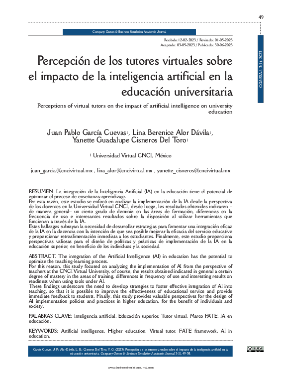 (PDF) Percepcion de los tutores virtuales sobre el impacto de la inteligencia artificial en la ...