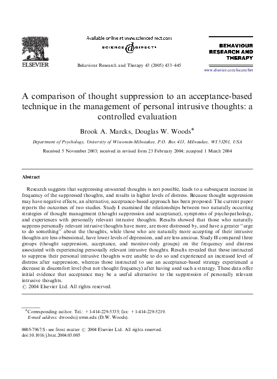 (PDF) A comparison of thought suppression to an acceptance-based ...