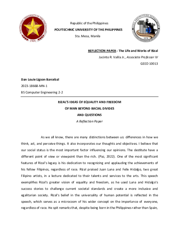 (PDF) A Reflection Paper on Rizal's speech in honor of Luna and Hidalgo