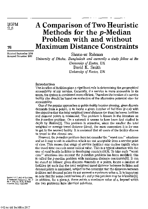 Pdf A Comparison Of Two Heuristic Methods For The P‐median Problem With And Without Maximum