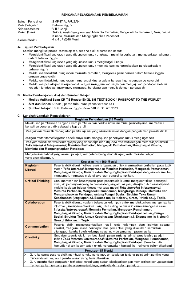(DOC) RPP SATU LEMBAR BAHASA INGGRIS KELAS 8 SEMESTER GANJIL 1