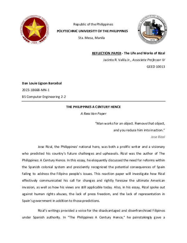 (PDF) A Reaction Paper on Rizal's The Philippines a Century