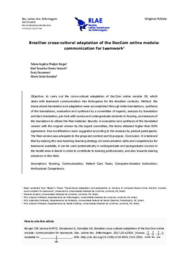 (PDF) Brazilian cross-cultural adaptation of the DocCom online module: communication for teamwork