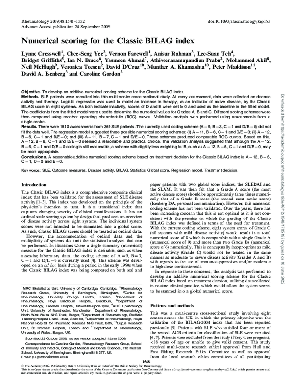 (PDF) Numerical scoring for the Classic BILAG index