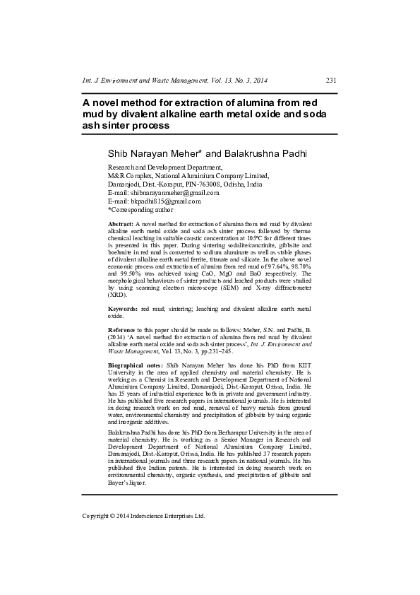 (PDF) A novel method for extraction of alumina from red mud by divalent ...
