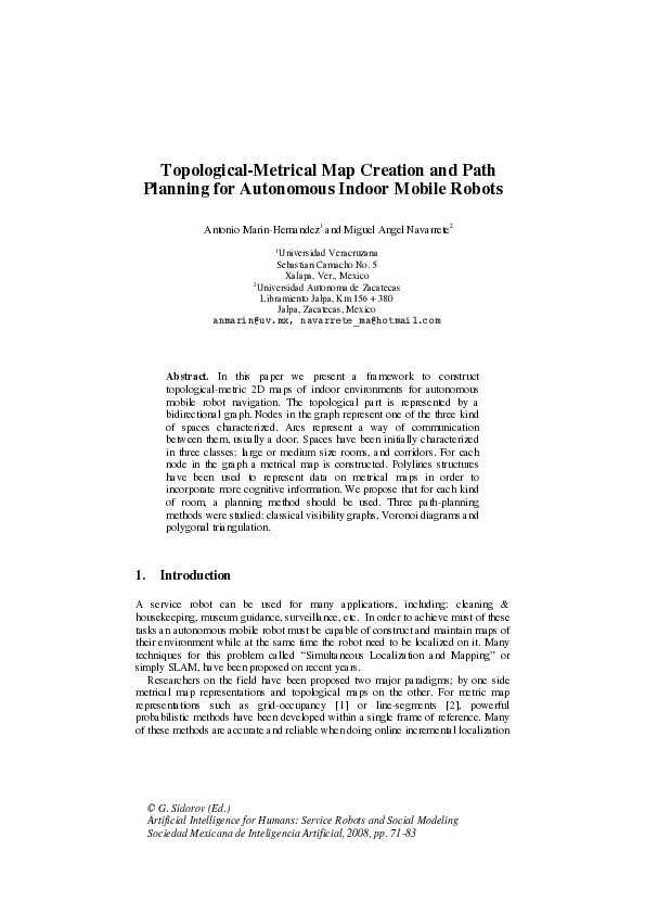 (PDF) Topological-Metrical Map Creation and Path Planning for Autonomous Indoor Mobile Robots