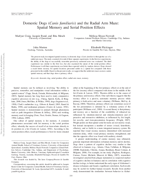 (PDF) Domestic dogs (Canis familiaris) and the radial arm maze: Spatial memory and serial ...