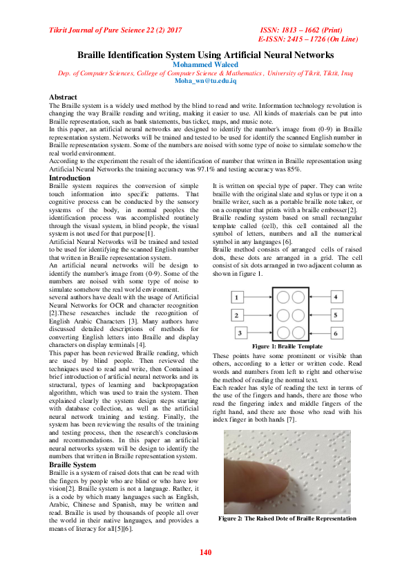 (PDF) Braille Identification System Using Artificial Neural Networks (PDF) Braille Identification System Using Artificial Neural Networks