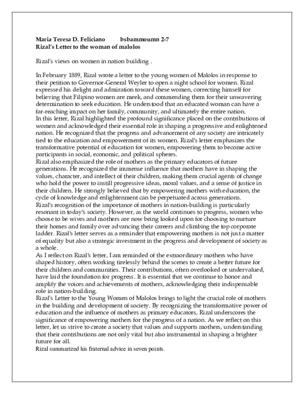 (DOC) Rizal's LETTER to 20 women/ philippine centuryy